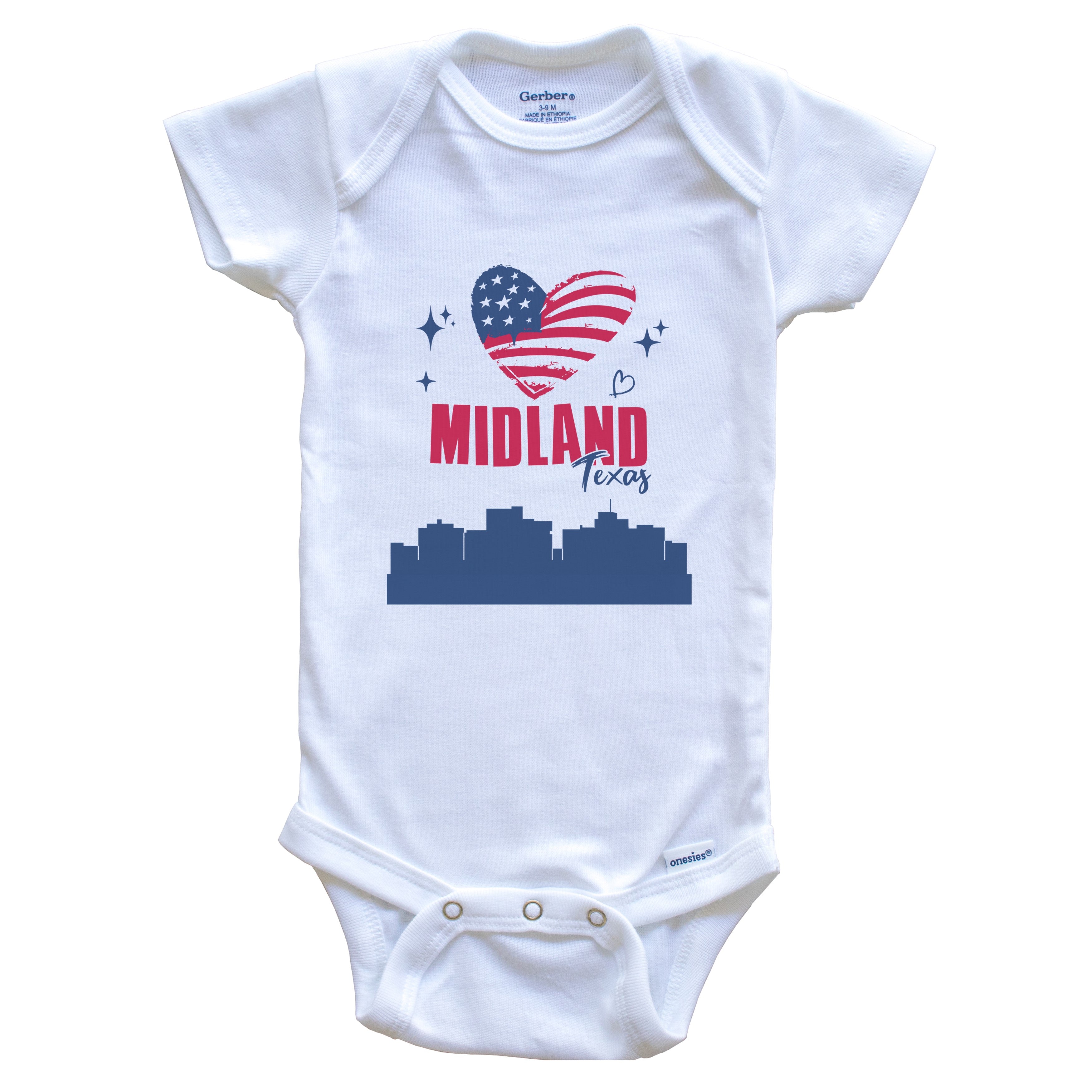 Midland Texas Skyline American Flag Heart 4th of July Baby Bodysuit ...