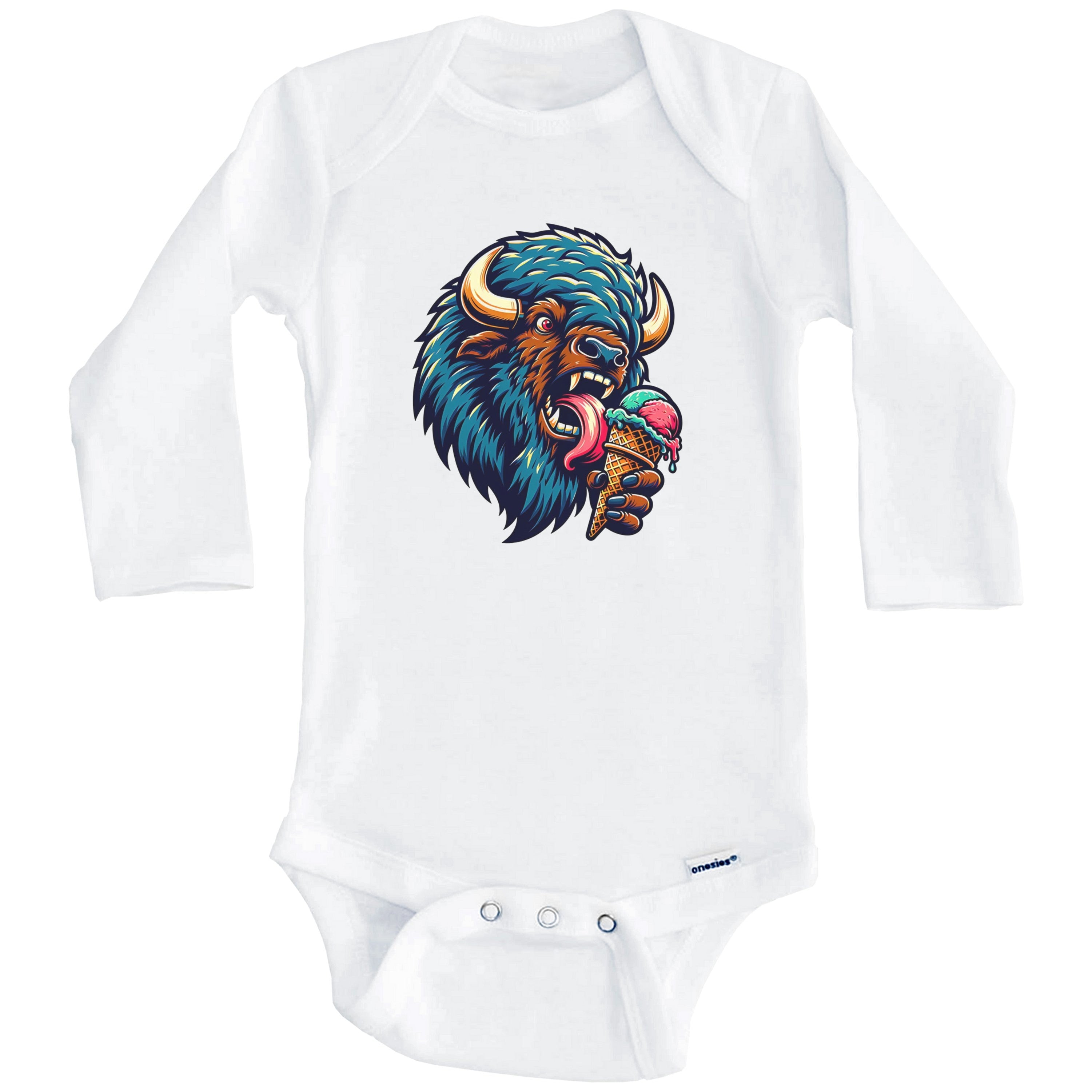 Bison Eating Ice Cream Funny Cartoon Summer Buffalo Baby Bodysuit (Lon ...