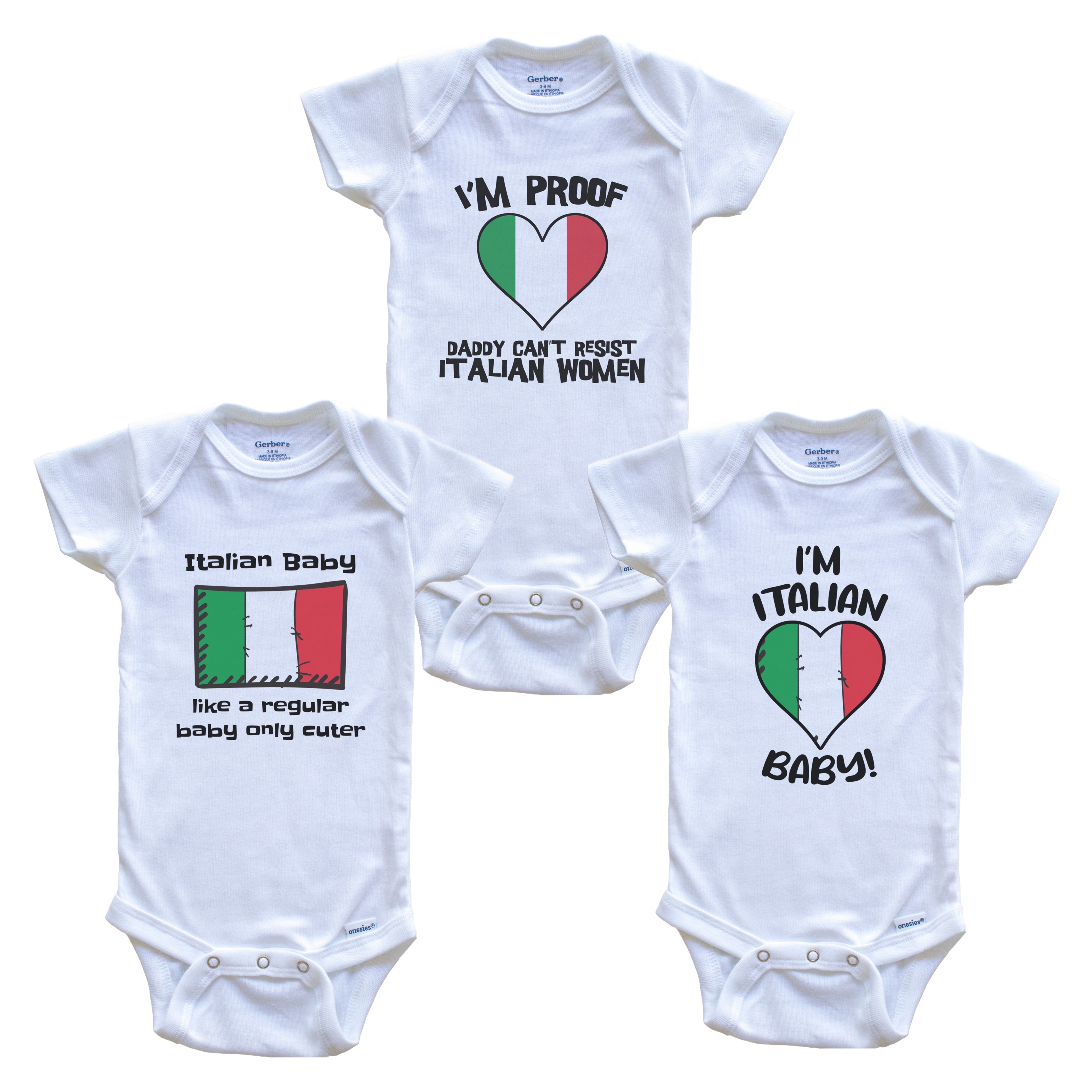 Mom is Italian Baby Bodysuits Funny Italy Flag 3 Piece Gift Set ...